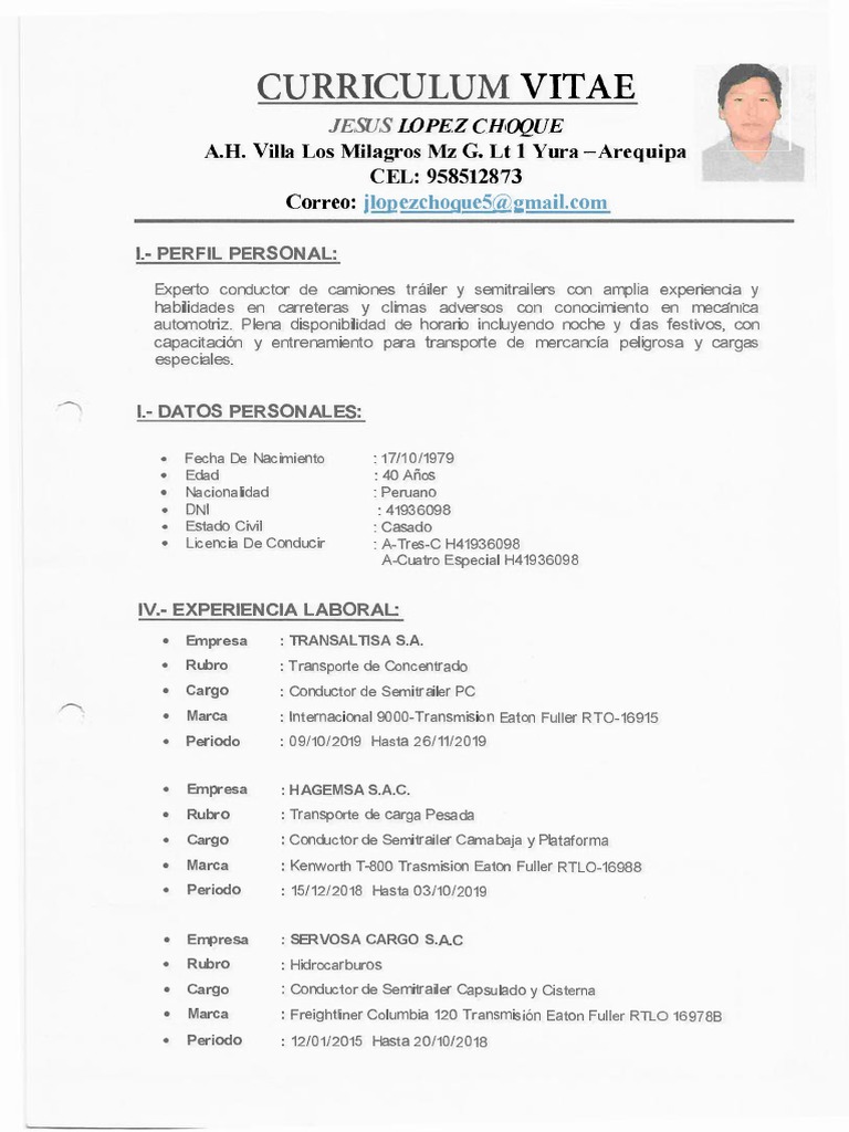 Lopez Choque Jesus CV PDF | PDF | Transporte | Vehículos