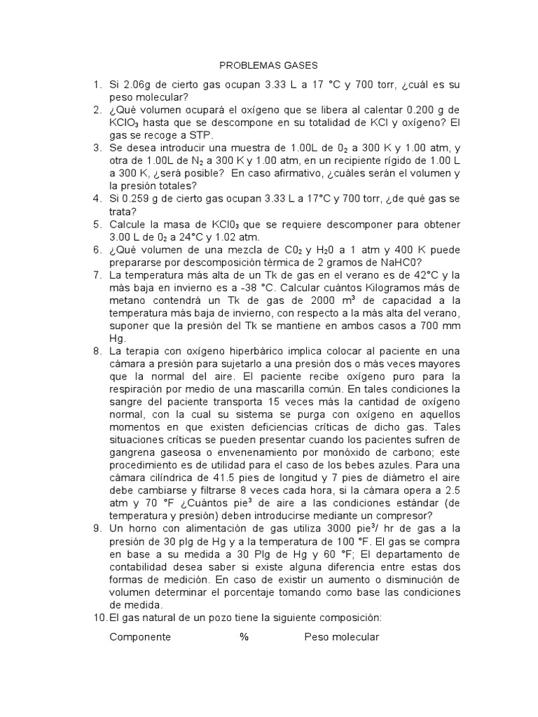 Problemas Gases | PDF | Gases | Oxígeno