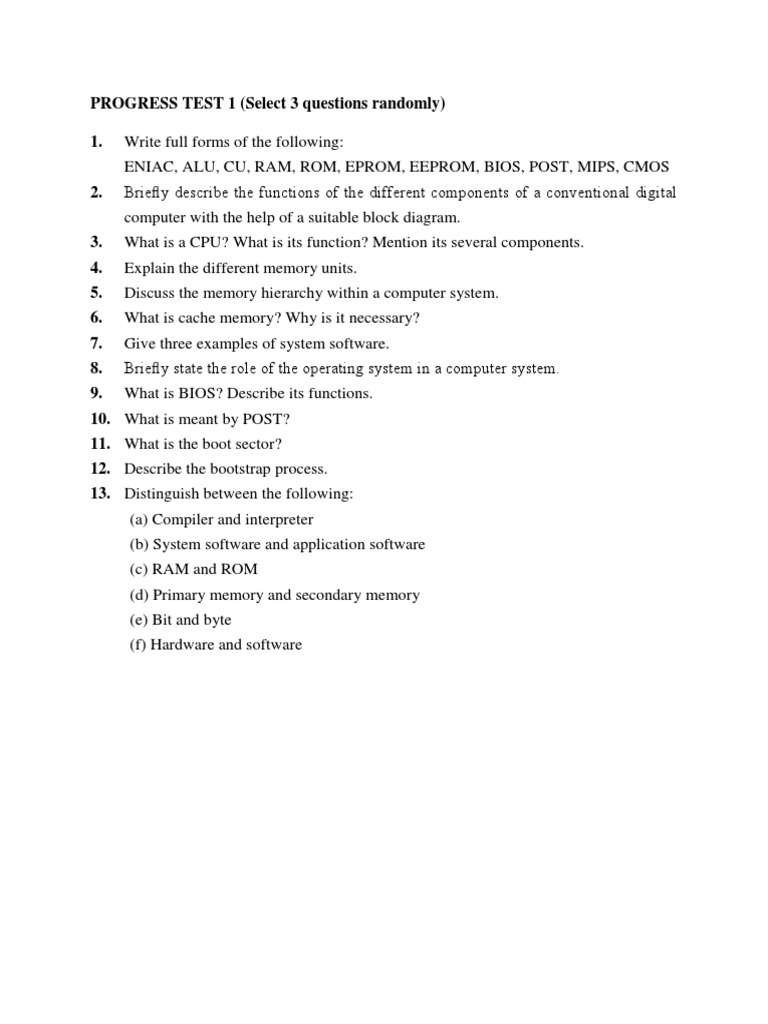PROGRESS TEST 1 (Select 3 Questions Randomly) 1 | PDF