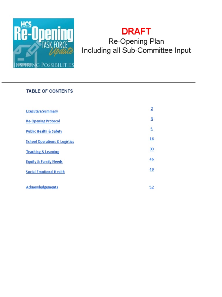 Reopening DRAFT Plan 7-13-20 | PDF | Hand Washing | Hygiene