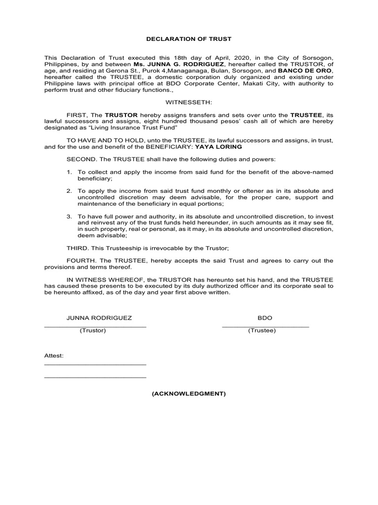 Declaration of Trust | PDF | Trust Law | Trustee