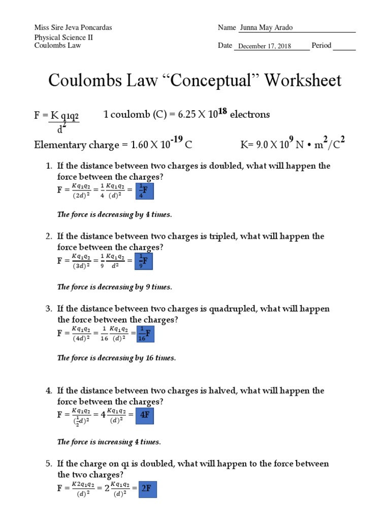 Coulombs Law "Conceptual" Worksheet | Download Free PDF | Electron ...