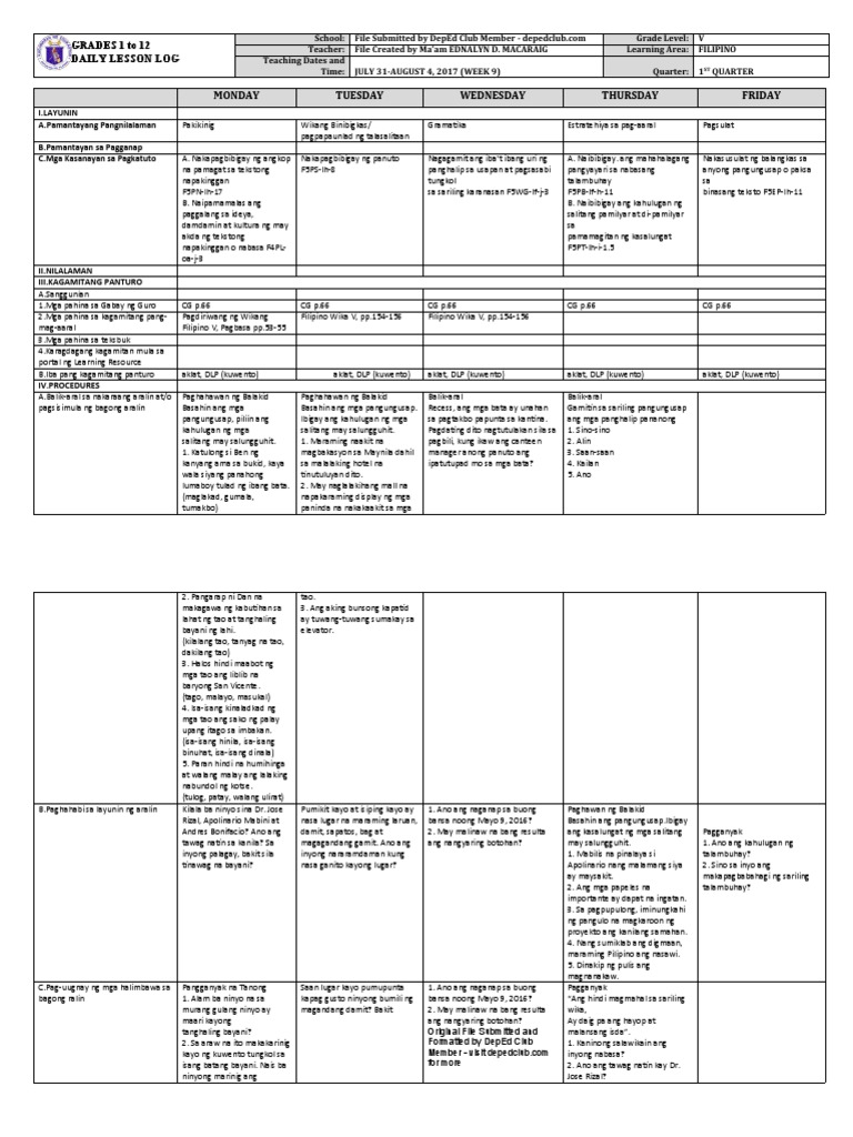 DLL - Filipino 5 - Q1 - W9 | PDF