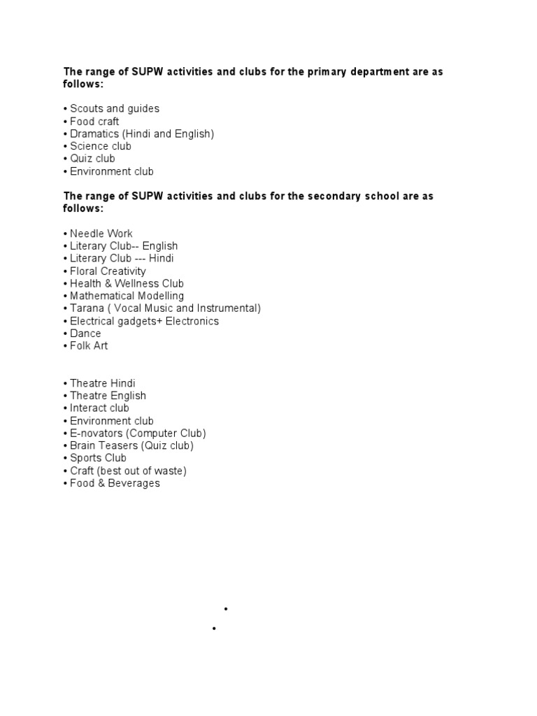 The Range of SUPW Activities and Clubs For The Primary Department Are ...