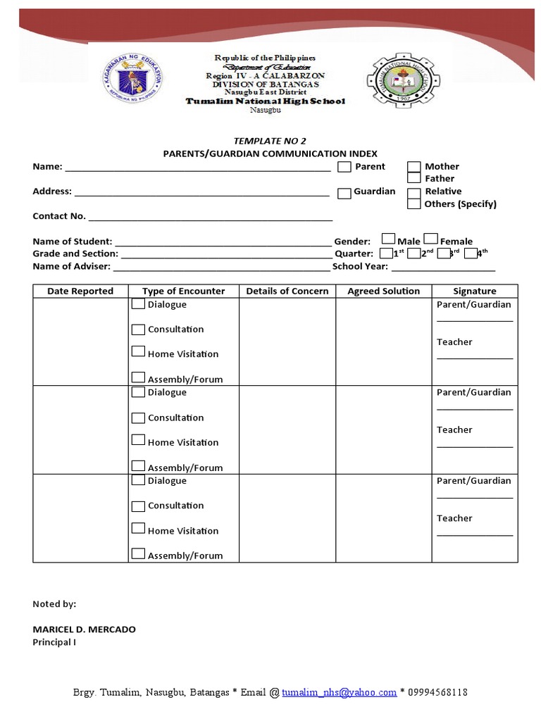Parent/Guardian Communication Log - A Record of Engagements Between ...