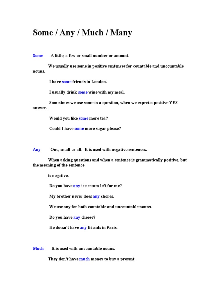 Some, Any, Much, Many Explained | PDF | Cooking, Food & Wine | Language ...