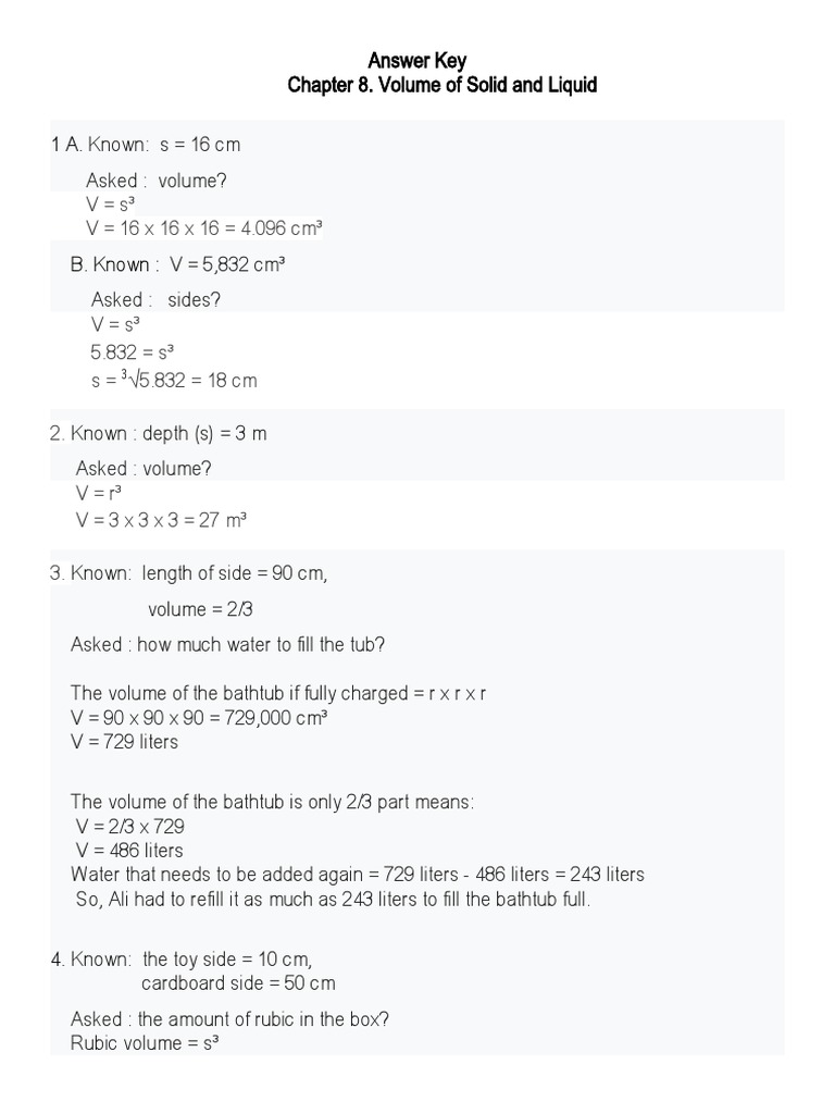 Answer Key Volume | PDF | Litre | Volume