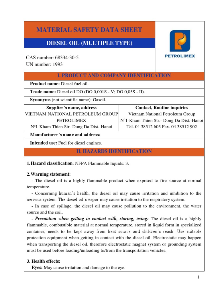 Material Safety Data Sheet: Diesel Oil (Multiple Type) | PDF ...