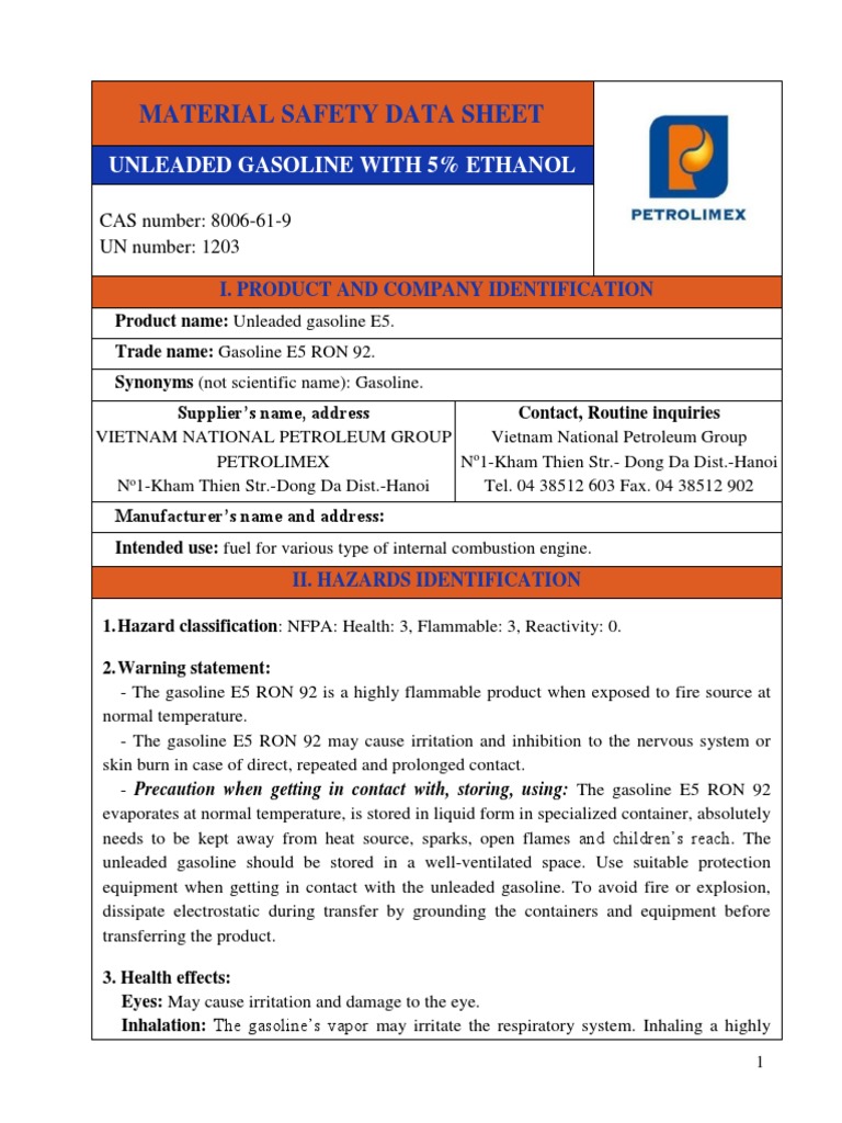 MSDS - Eng E5 RON 90 | PDF | Gasoline | Firefighting