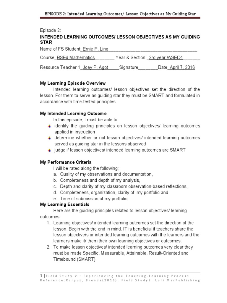 FS 2 Episode 2obe - Intended Learning Outcomes | PDF | Teachers | Affect (Psychology)