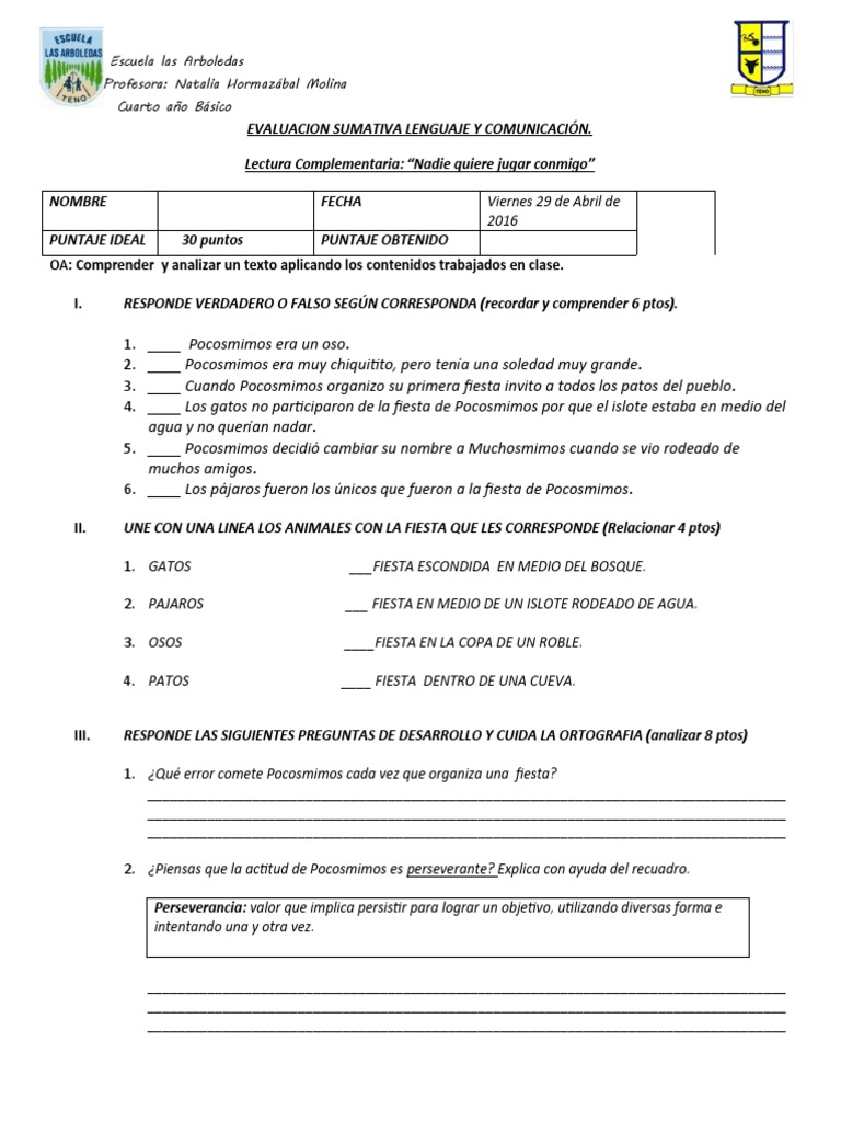 PRUEBA LENGUAJE Lectura Complementaria | PDF