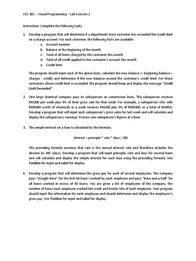 CSC 301 - Visual Programming - Lab Exercise 2 | PDF