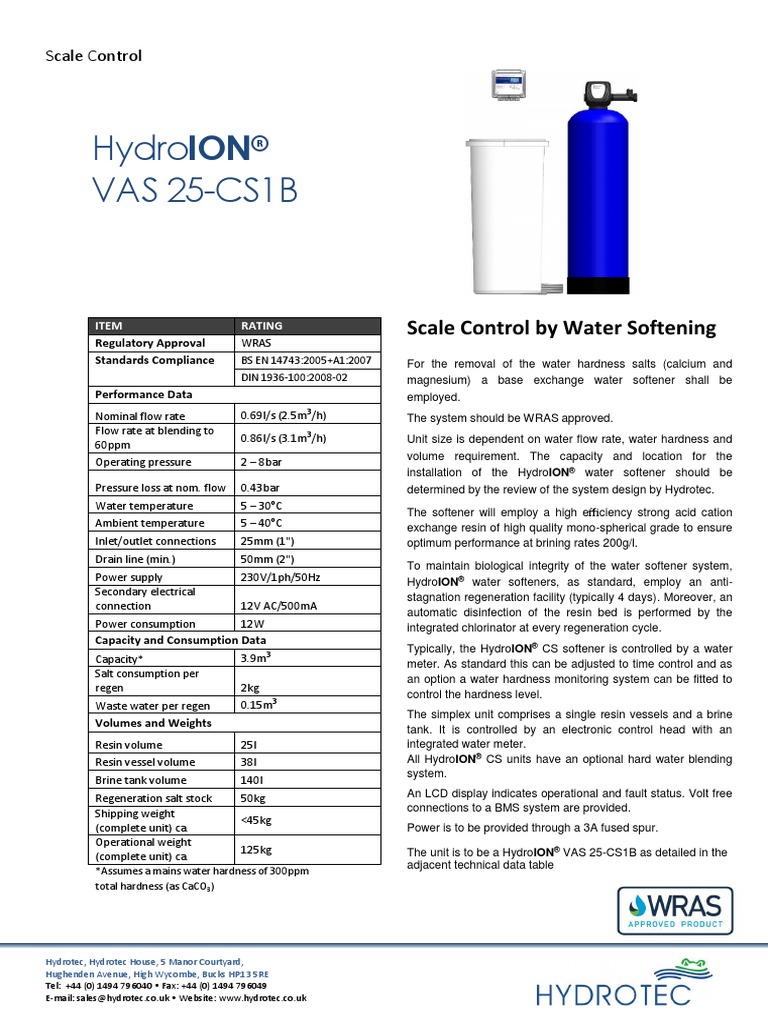 HydroION VAS 25 CS1B Technical Specification | PDF | Water | Chemistry