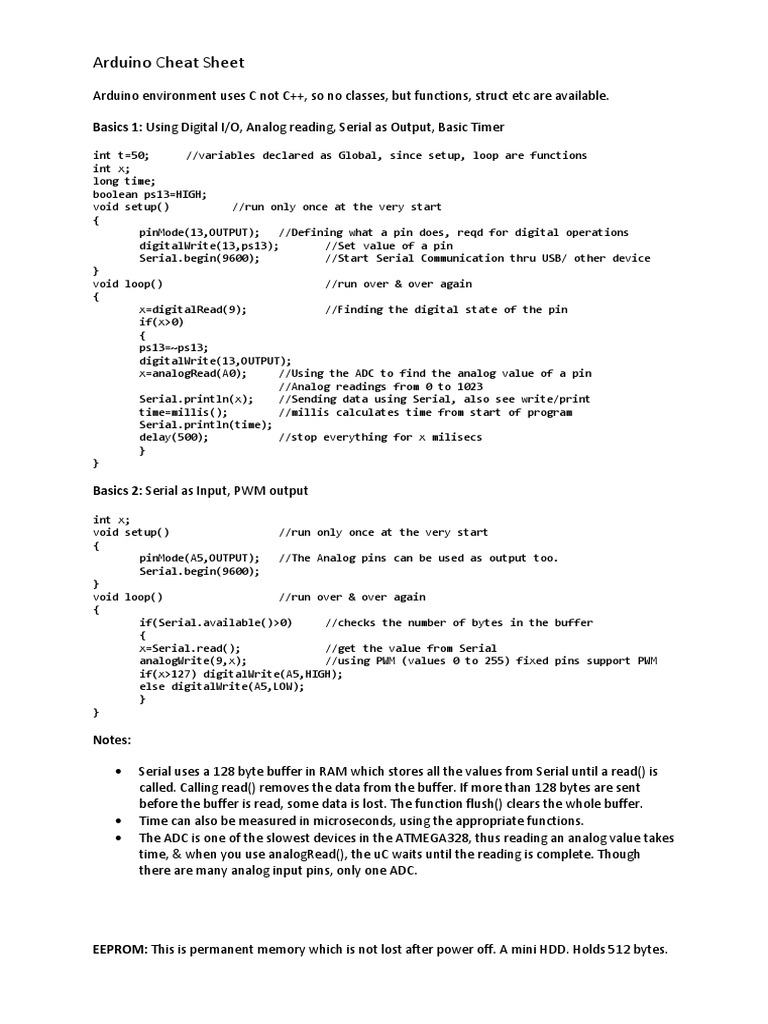 Arduino Cheat Sheet: Basics 1: Using Digital I/O, Analog Reading, Serial As Output, Basic Timer ...