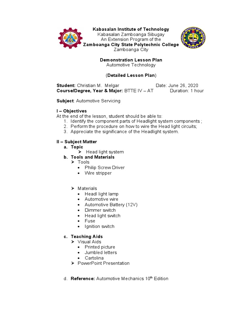 Christian - Detailed - Lesson - Plan | PDF | Headlamp | Fuse (Electrical)