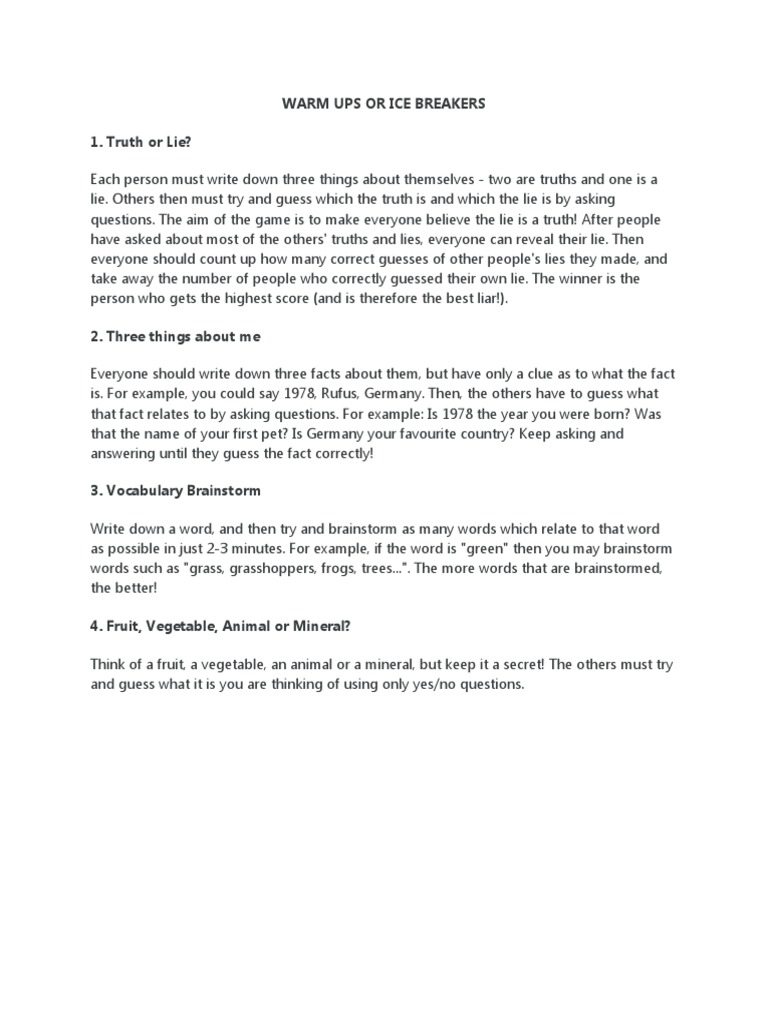 Warm Ups or Ice Breakers | PDF