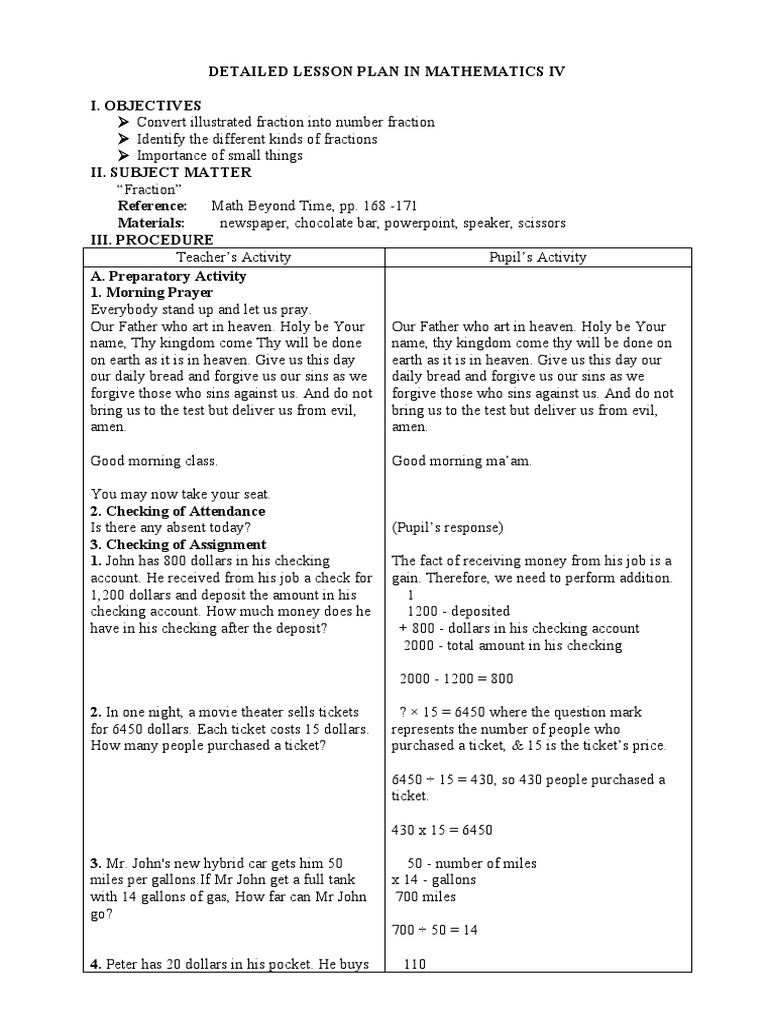 Detailed Lesson Plan in Mathematics Iv | PDF | Fraction (Mathematics ...