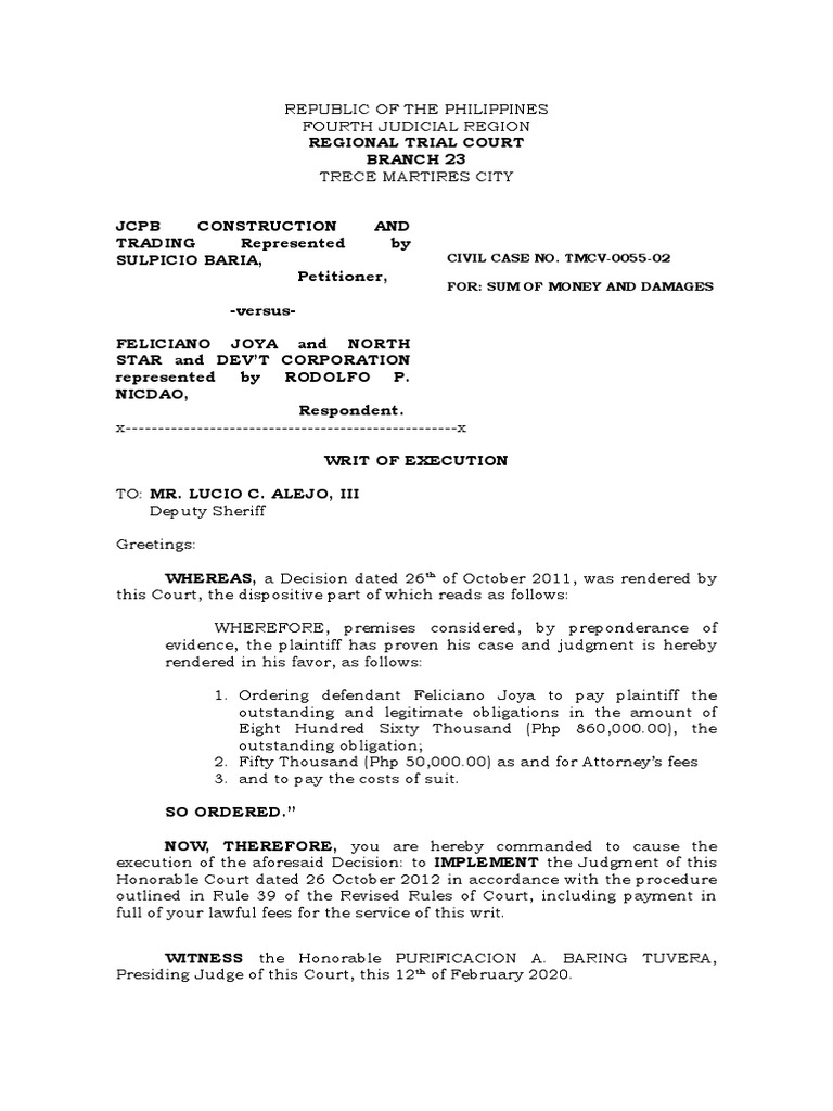 Writ of Execution for Civil Case TMCV-0055-02 | PDF