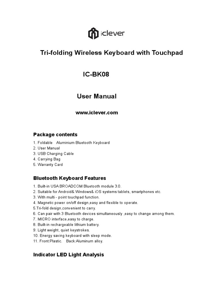 Tri-Folding Wireless Keyboard With Touchpad IC-BK08 User Manual ...