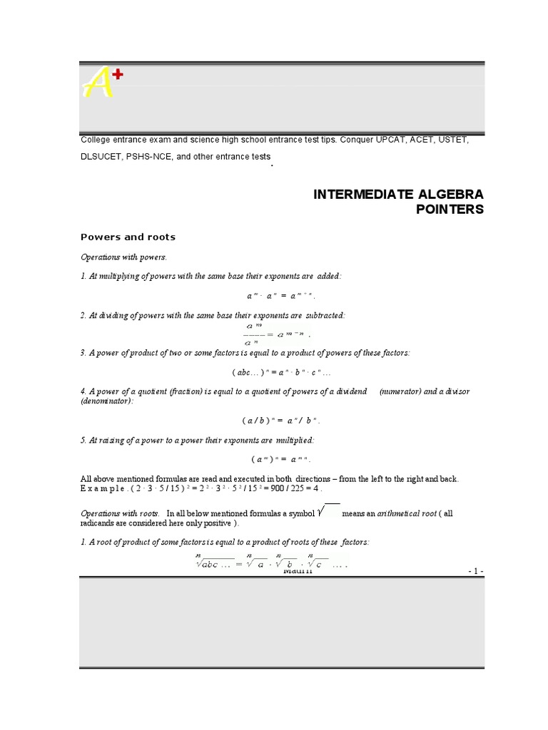Intermediate Algebra Pointers: Powers and Roots | PDF | Division (Mathematics) | Equations