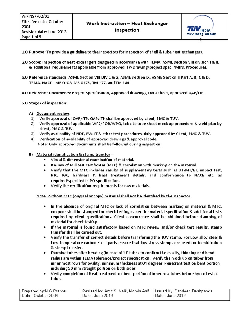 WI-INSP-02 R1 Work Instruction - Heat Exchanger Inspection | Download ...