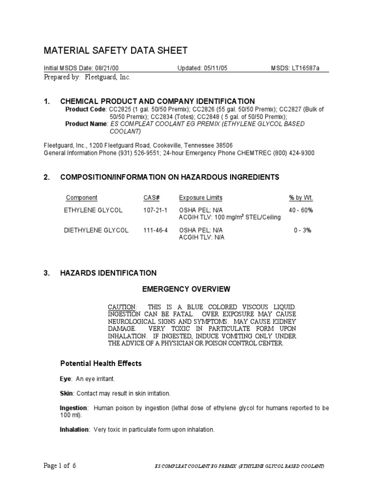 Es Compleat Coolant Eg Premix - MSDS - Lt16587a | PDF | Toxicity | Personal Protective Equipment