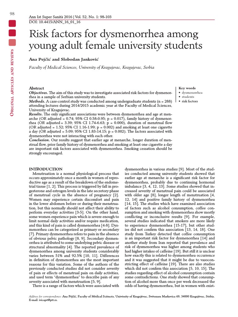Risk Factors For Dysmenorrhea Among Young Adult Female University Students | PDF | Menstruation ...