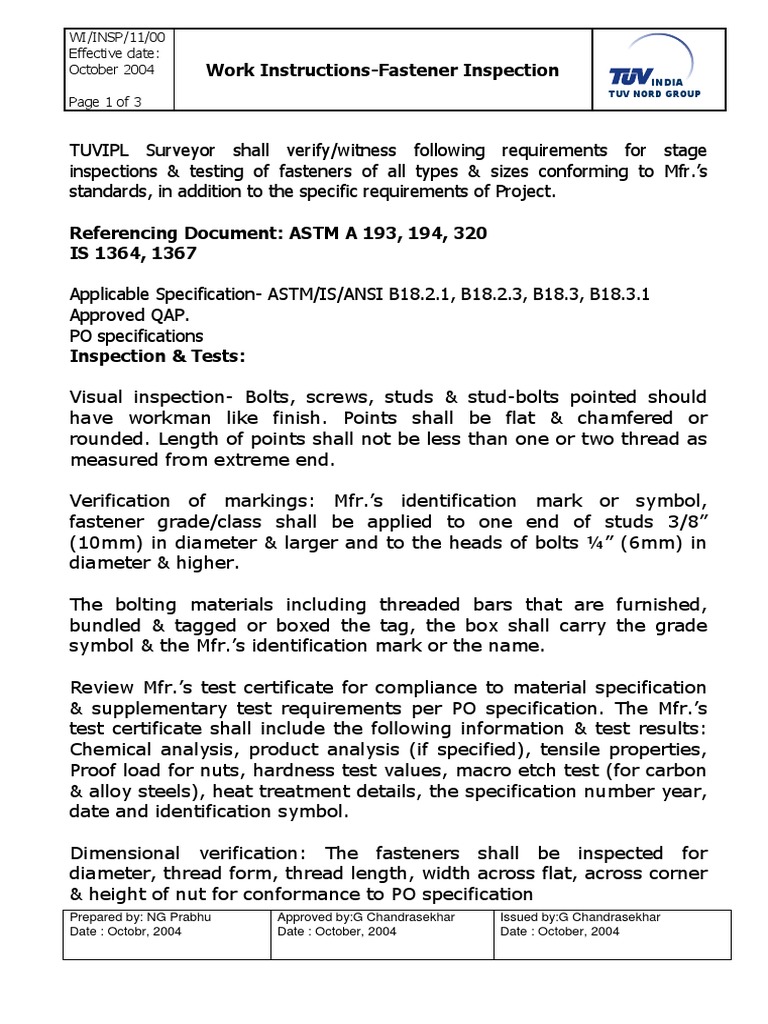 WI-INSP-11 R0 Work Instruction-Fastener Insp | PDF | Screw | Building ...