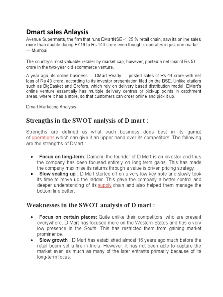 Dmart Sales Anlaysis: Strengths in The SWOT Analysis of D Mart | PDF ...