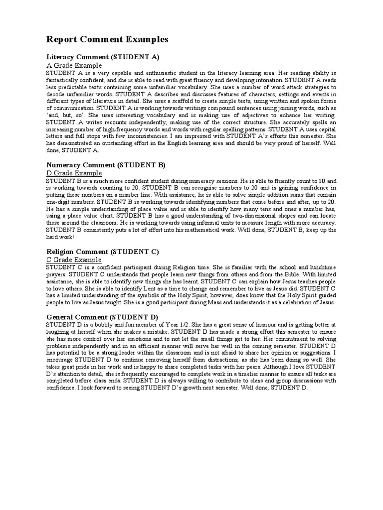 Report Comment Examples | PDF | Fluency | Literacy
