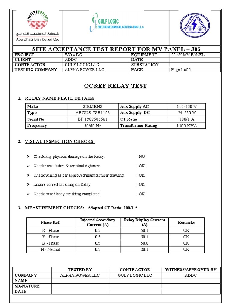 J03 - TRF 2 Oc-Ef & Sbef Relay Test | PDF | Relay | Alternating Current
