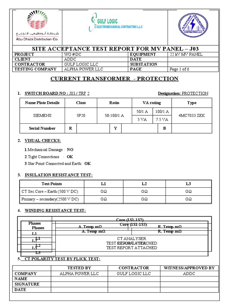 SITE ACCEPTANCE TEST REPORT FOR MV PANEL | PDF | Electrical Equipment ...