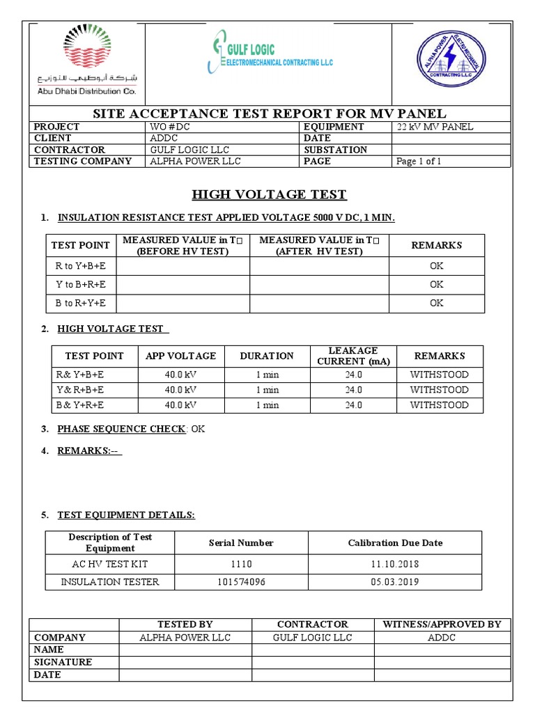 Site Acceptance Test Report For MV Panel: Description of Test Equipment ...