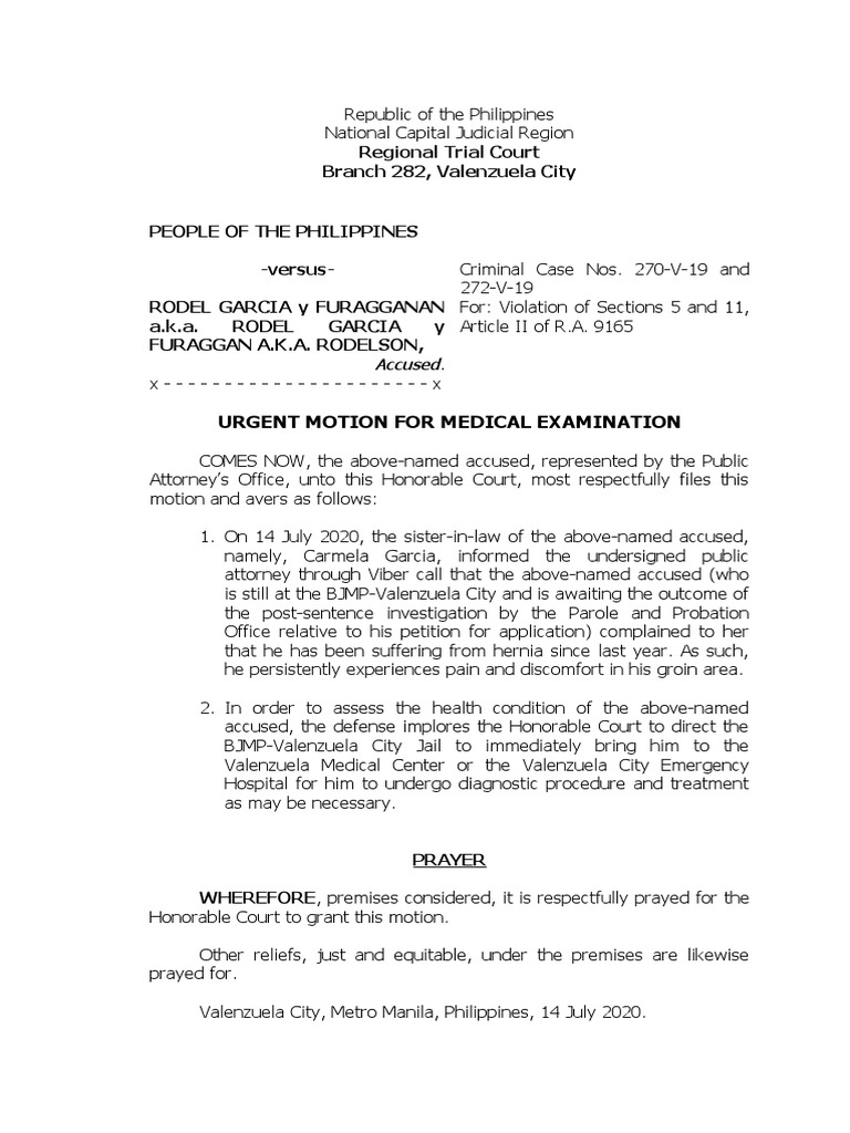 Motion for Medical Exam: Rodel Garcia | PDF | Prosecutor | Courts