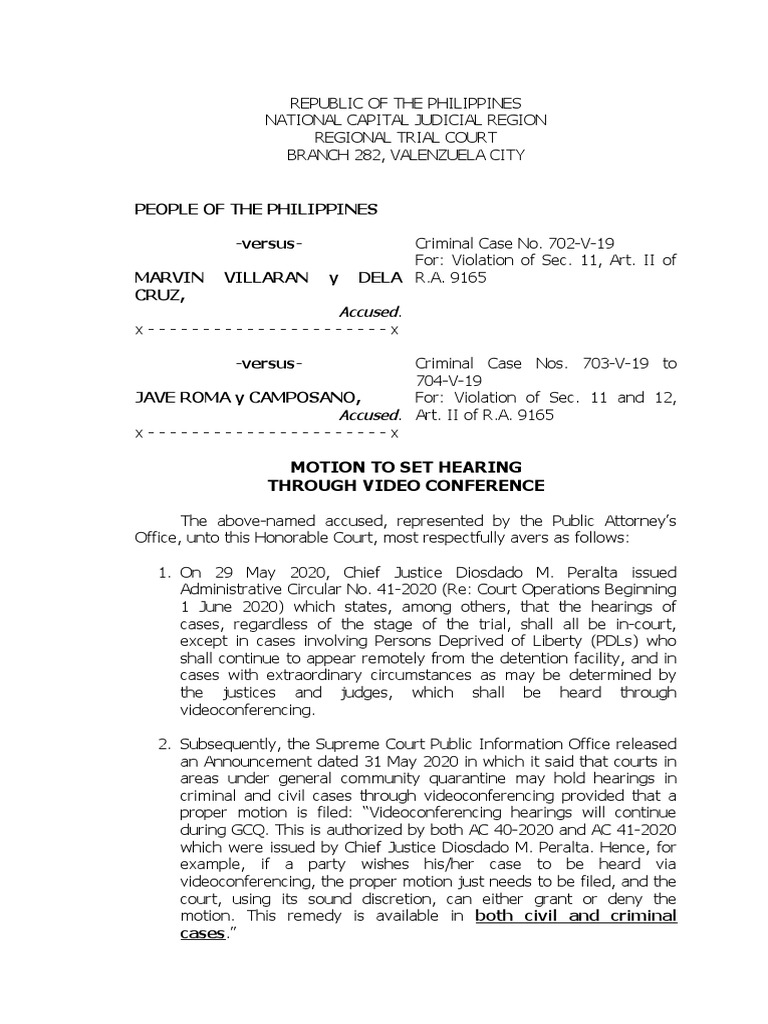 Motion To Set Hearing Thru Video Conference Villaran | PDF | Plea ...