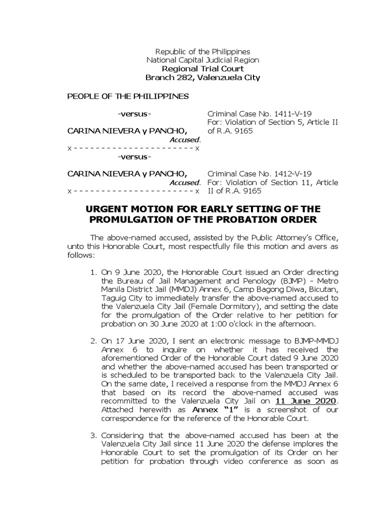 Urgent Motion For Early Setting of The Promulgation of Probation Order ...