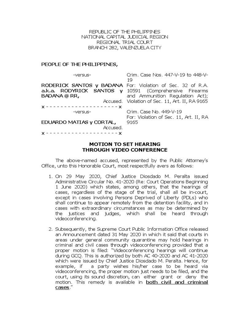 Motion To Set Hearing Thru Video Conference Santos | PDF | Legal Remedy ...