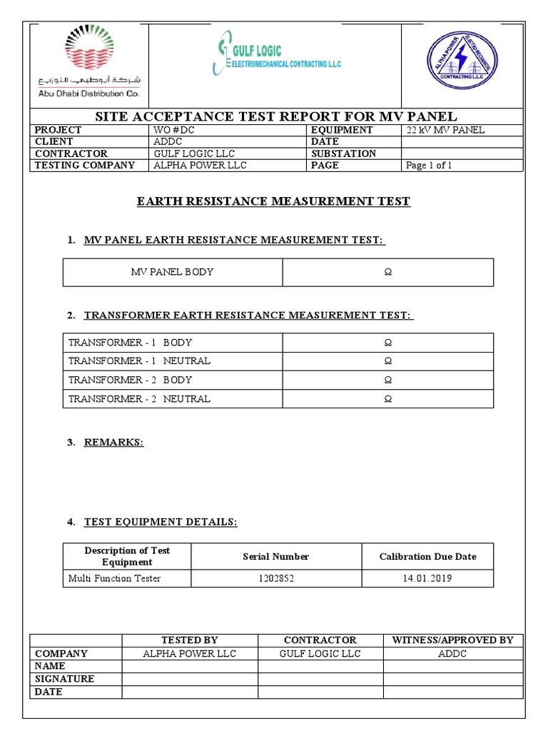 Site Acceptance Test Report For MV Panel: Earth Resistance Measurement ...