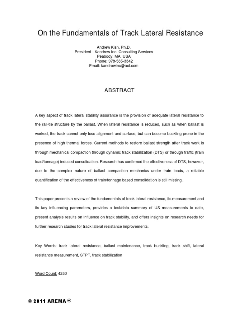 On The Fundamentals of Track Lateral Resistance: © 2011 AREMA ® | PDF ...