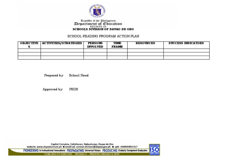 School Reading Program Action Plan: Schools Division of Davao de Oro | PDF