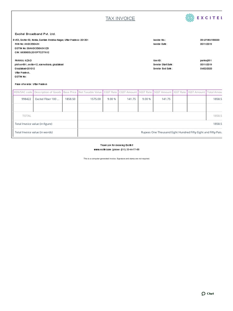 Tax Invoice: Excitel Broadband Pvt. LTD | PDF | Economies | Public Finance