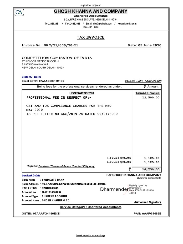 Professional Fee Invoice for GST and TDS Compliance Services | PDF ...