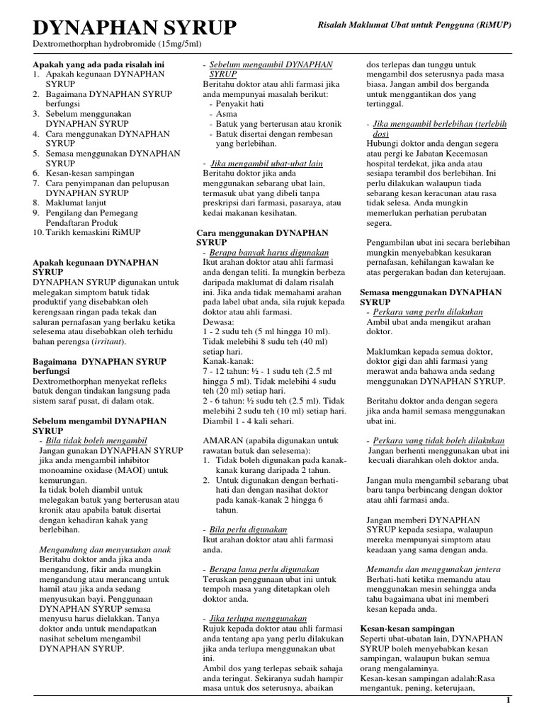 Dynaphan Syprup Dextromethorphan Hydrobromide DYNAPHARM M SDN. BHD ...