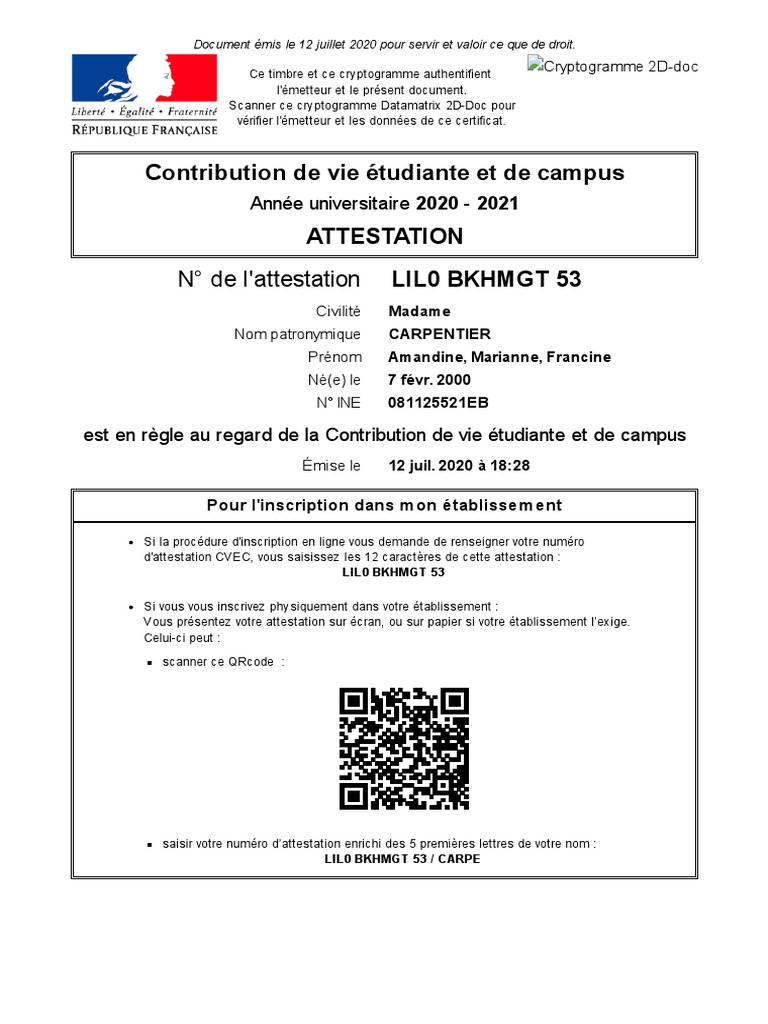 Attestation CVEC | PDF