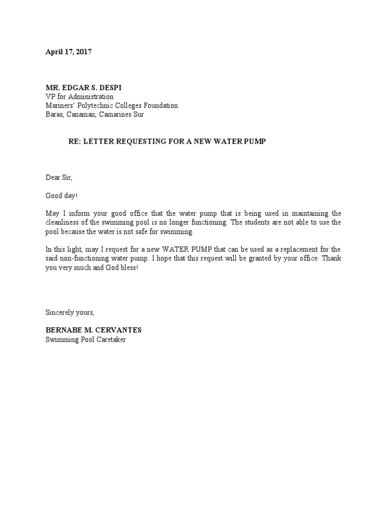 Request Letter-Water Pump | PDF