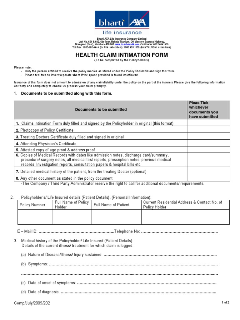 Health Claim Intimation Form | PDF | Insurance | Cheque