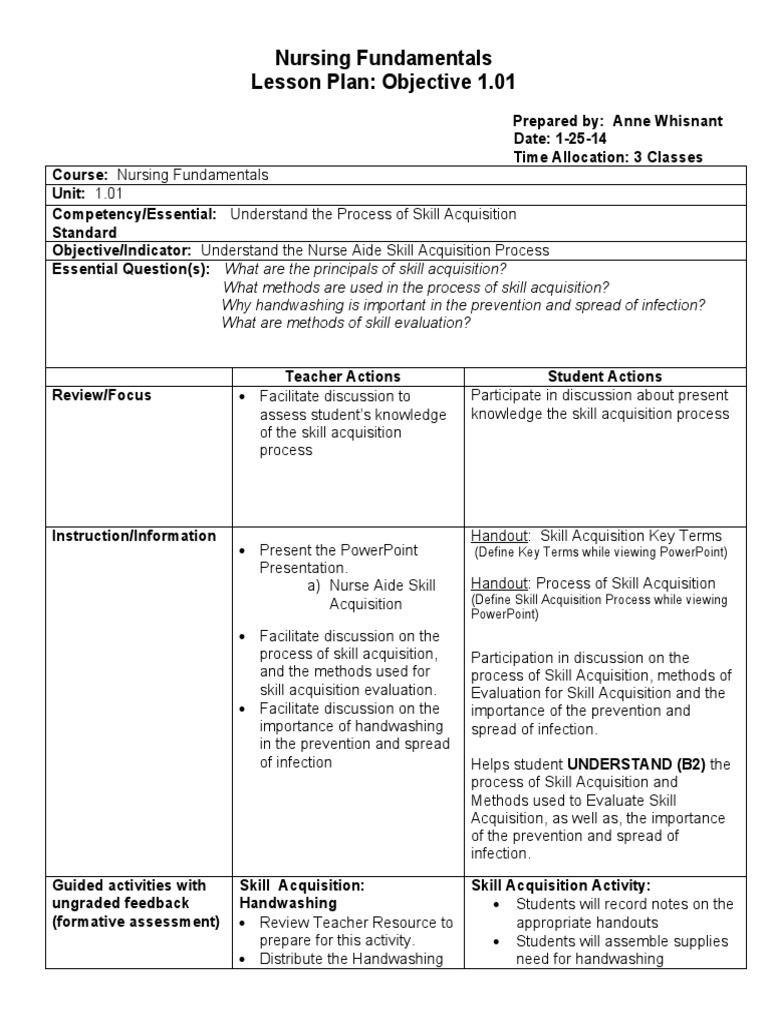 Nursing Fundamentals Lesson Plan: Objective 1.01 | PDF | Hygiene | Hand ...