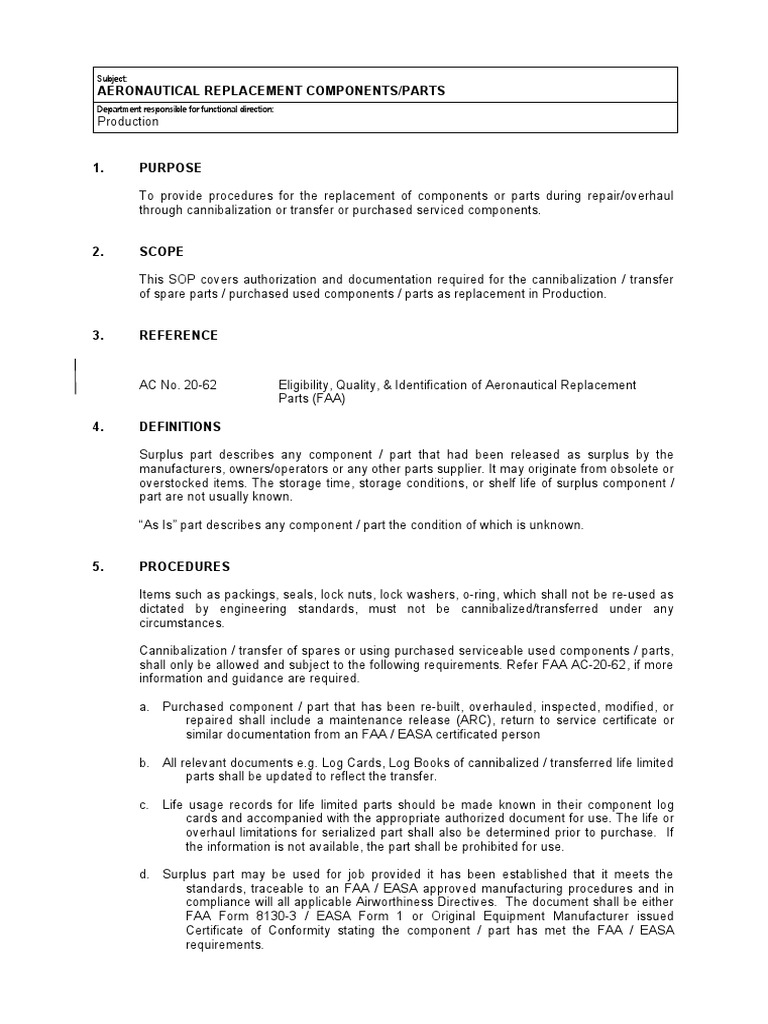 Spares Parts Cannibalisation Procedure | PDF | Manufacturing And ...