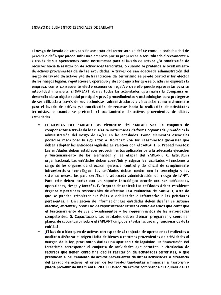 Elementos Esenciales del SARLAFT | PDF | Lavado de dinero | Política