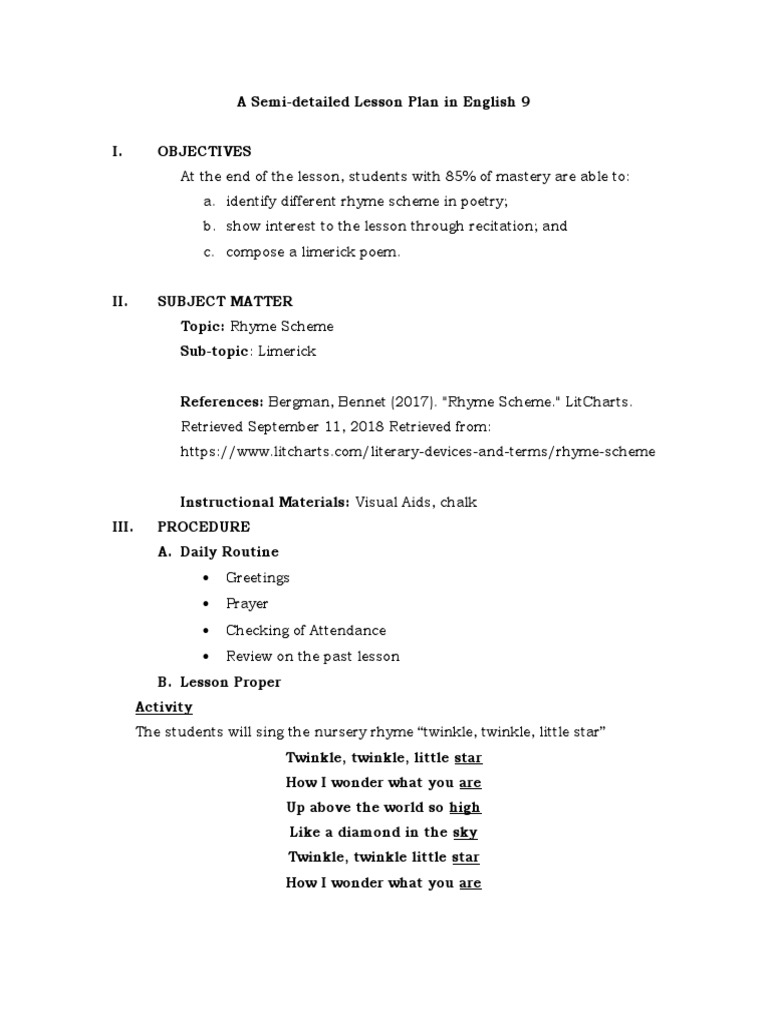 Lesson Plan - Rhyme Scheme | PDF | Rhyme | Poetry